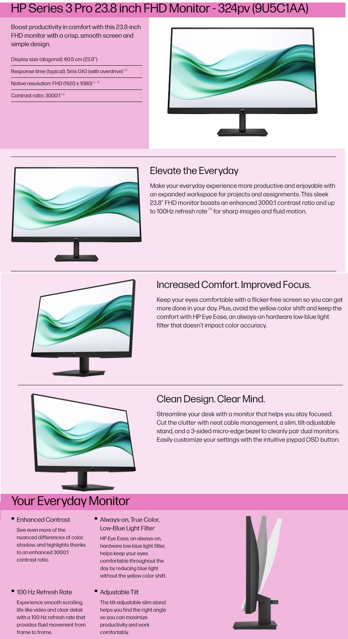 HP 9U5C1AA, SERIES 3 PRO 23.8 INCH FHD VA, 3000:1, 250NITS, HDMI, VGA