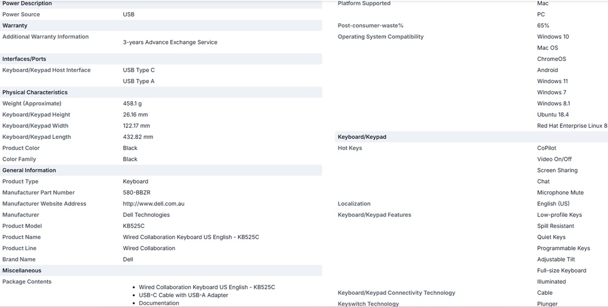 Dell 580-BBZR KB525C Wired Collaboration Keyboard - PCC COMPUTERS