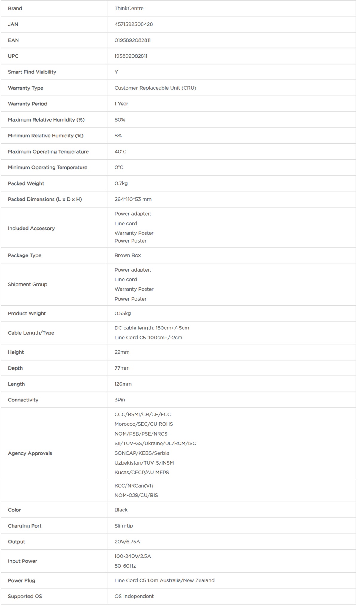 Lenovo 4X21L38732, ThinkCentre 135W AC Adapter Gen 2 (Slim tip), Input ...
