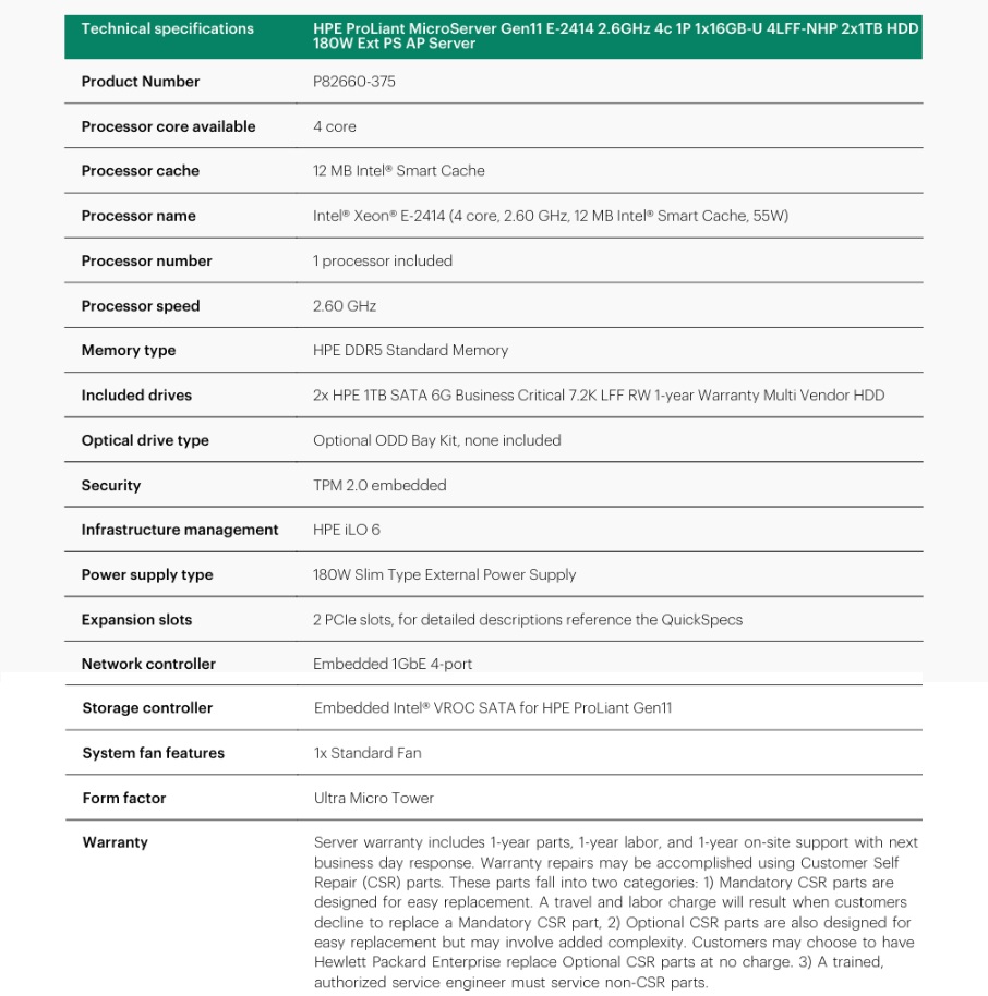 HPE P82660-375, ProLiant MicroServer G11, Intel Xeon E-2414, Quad Core ...