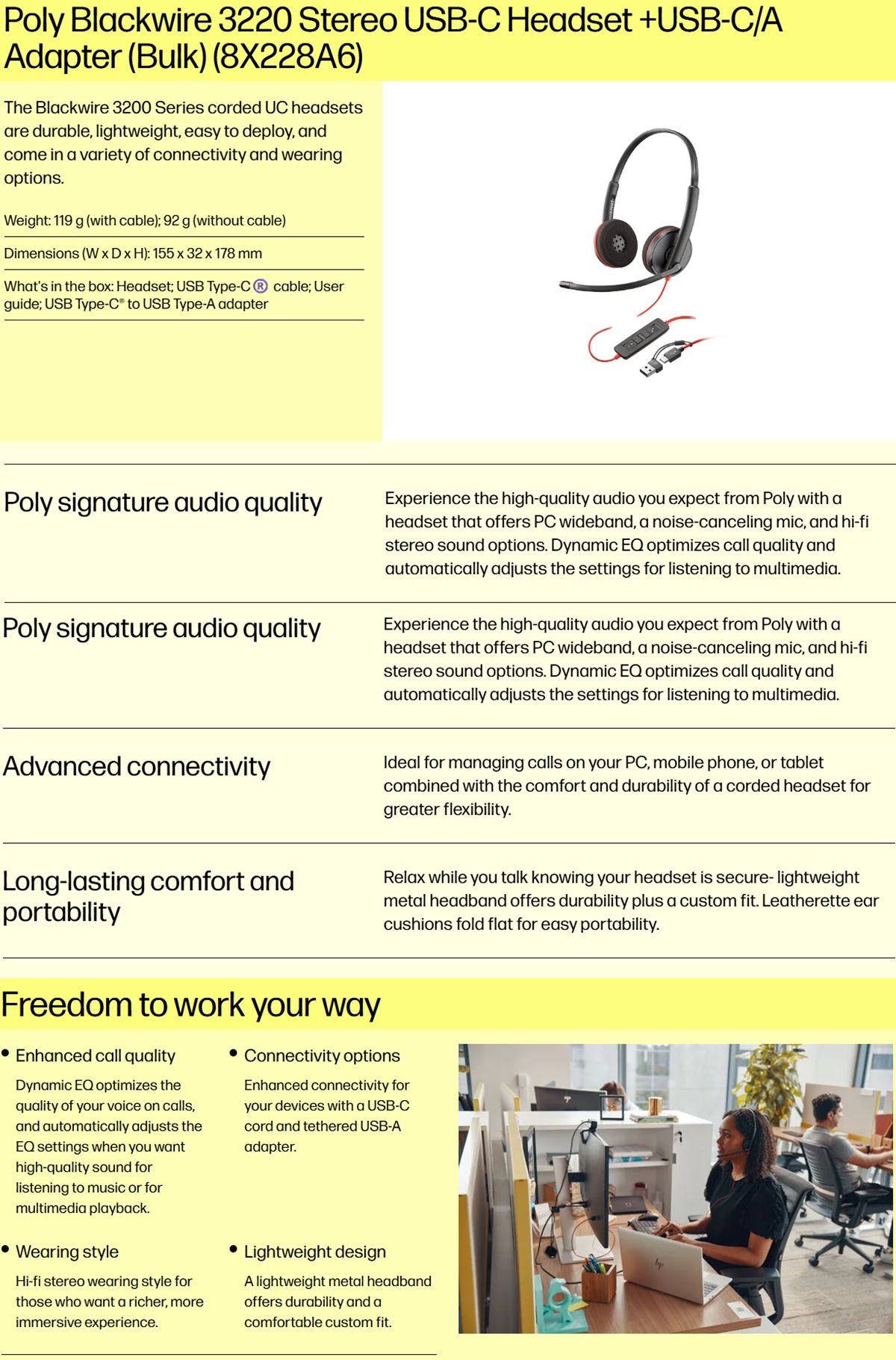 HP 8X228A6, Poly Blackwire 3220 Stereo USB-C Headset +USB-C/A Adapter ...